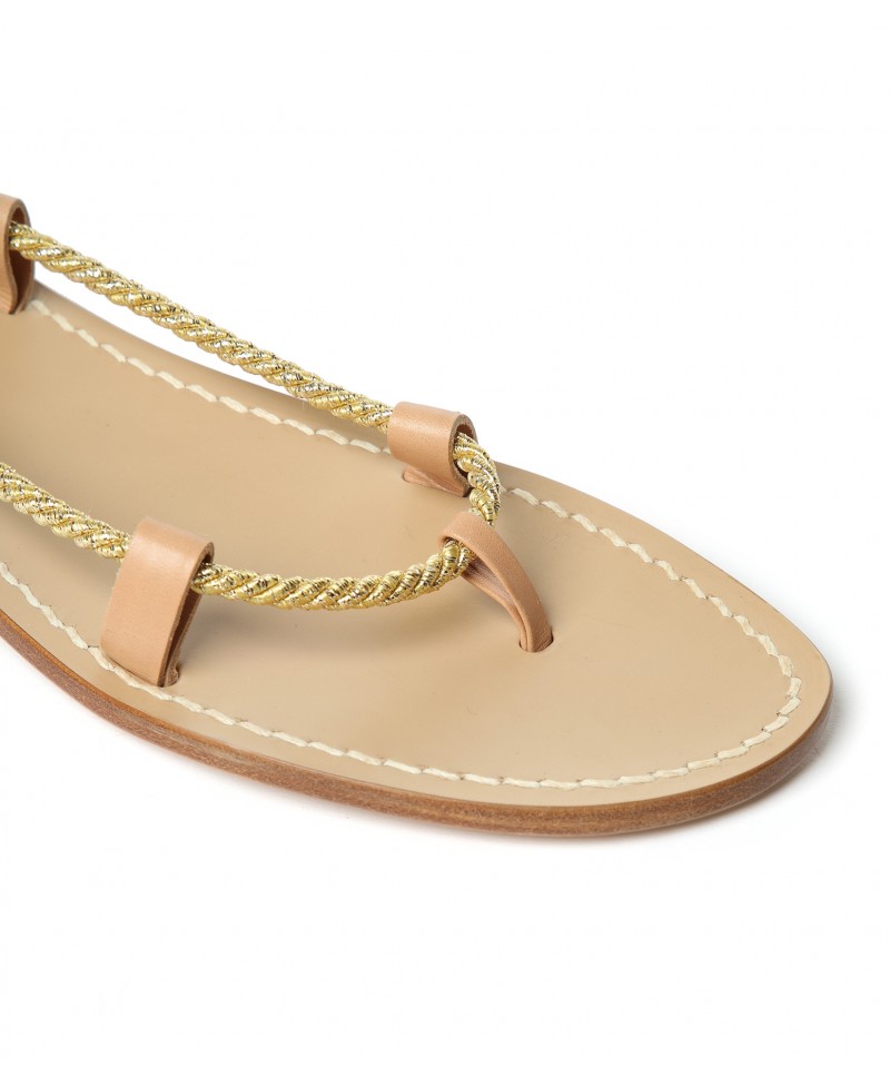 Natural leather gladiator sandals with gold lurex rope