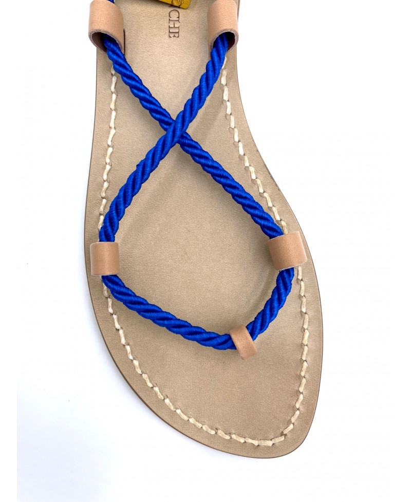 Natural leather gladiator sandals with royal blue satin rope