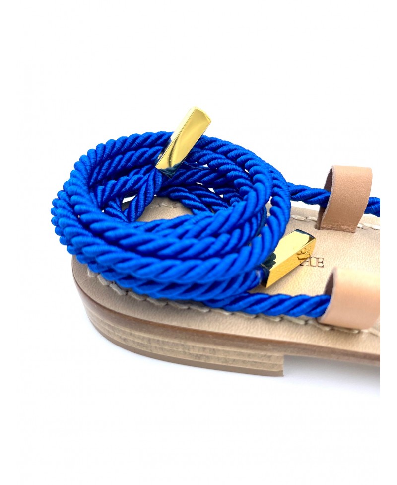 Natural leather gladiator sandals with royal blue satin rope