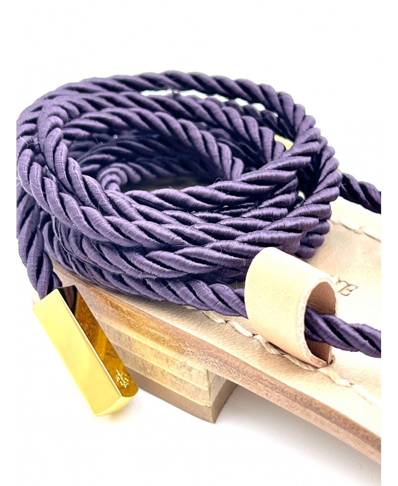 Natural leather gladiator sandals with plum satin rope