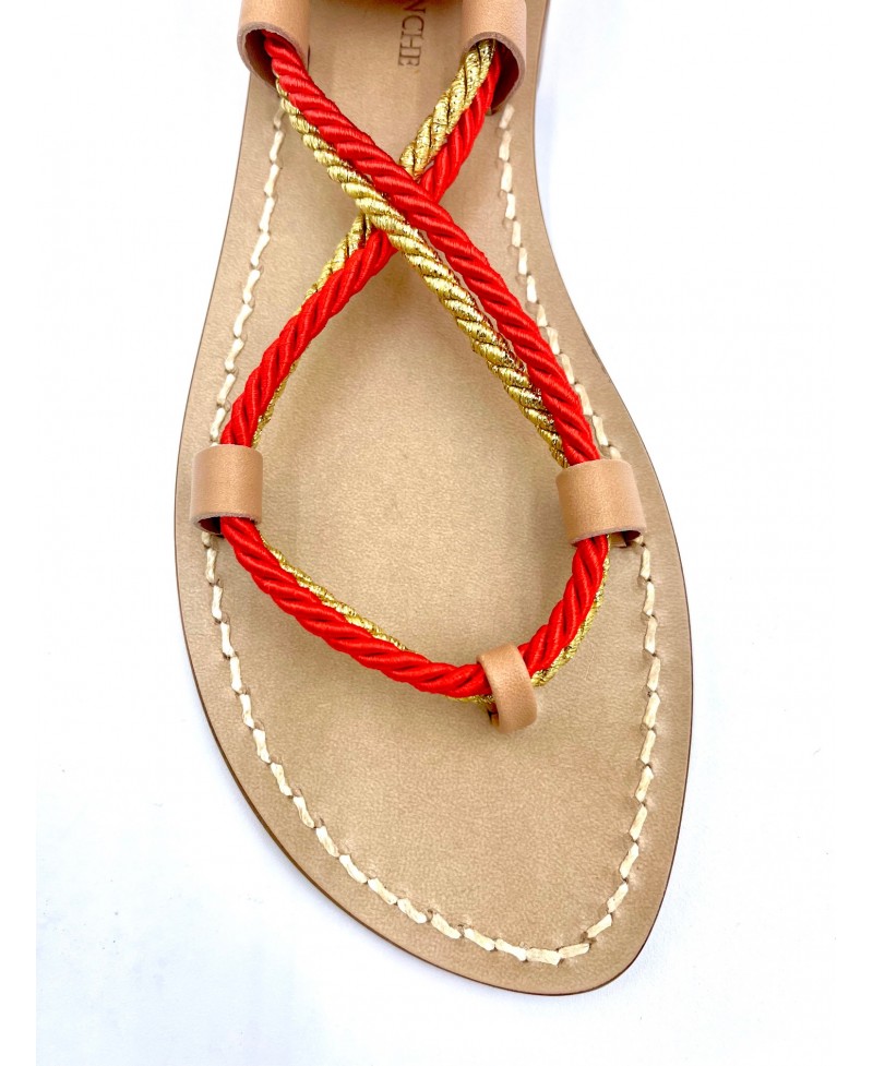 Natural leather gladiator sandals with red & gold lurex satin double rope