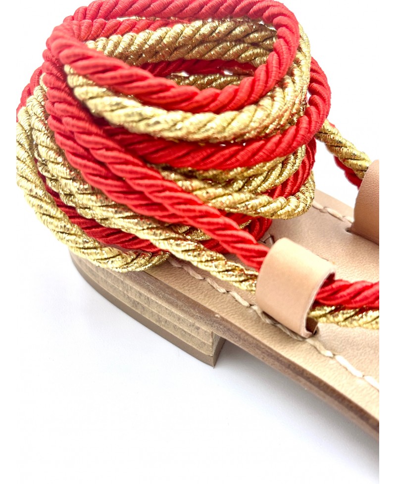 Natural leather gladiator sandals with red & gold lurex satin double rope